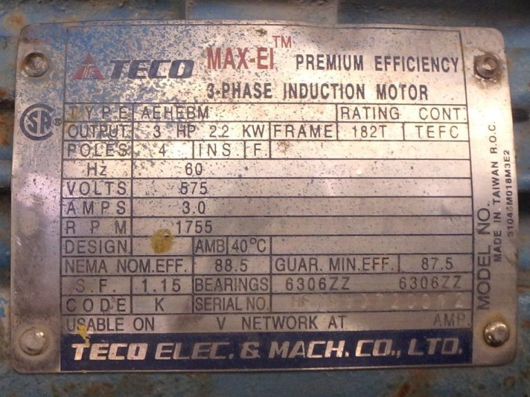 3 HP, 575 VOLT TECO TEFC MOTOR - Nelson Machinery & Equipment Ltd.