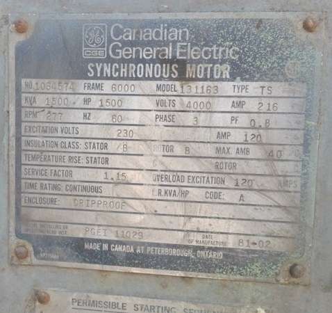 1500 HP 277 RPM General Electric Synchronous Motor - Nelson Machinery ...
