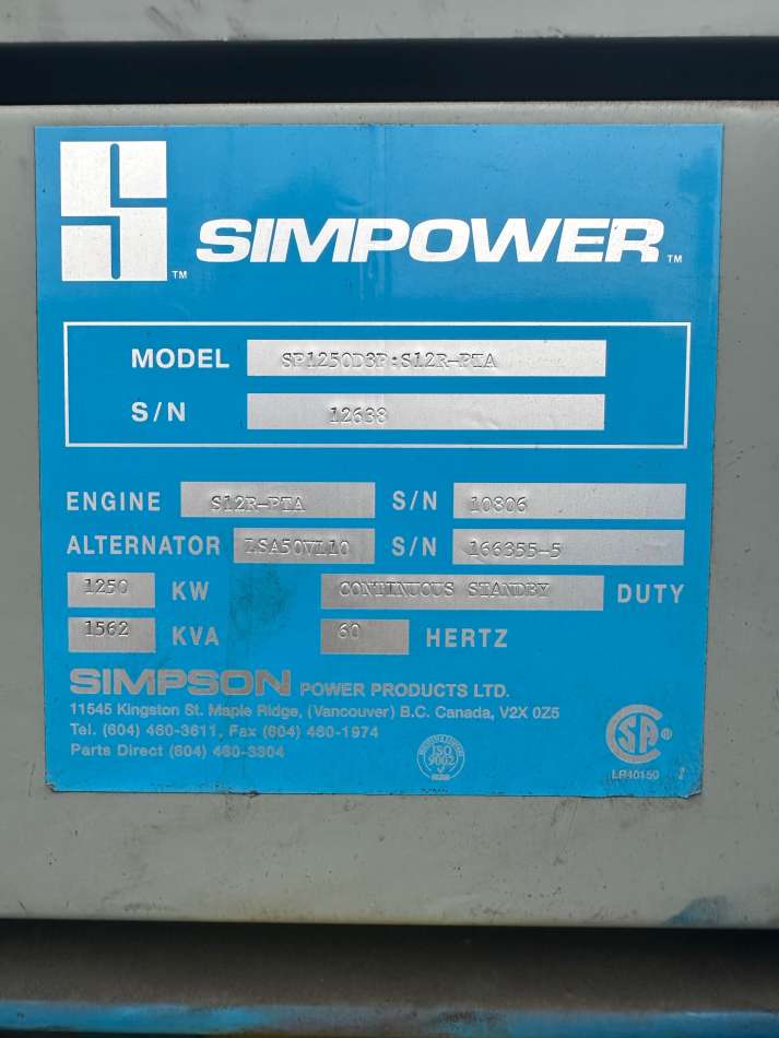 1250 KW SIMPOWER GENSET, 600 VOLT - Nelson Machinery & Equipment Ltd.